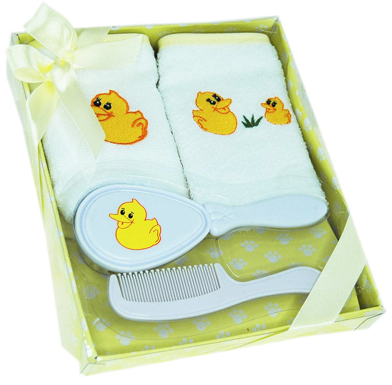 Yellow Duck Face Washers, Brush & Comb Baby Set