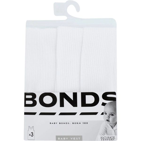 Bonds Cotton Baby White Singlets 3 packs